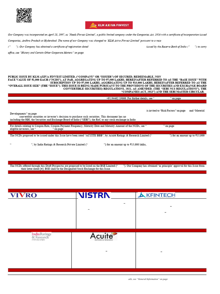 KLM NCD X - Final Draft Prospectus | PDF | Securities (Finance) | Investing