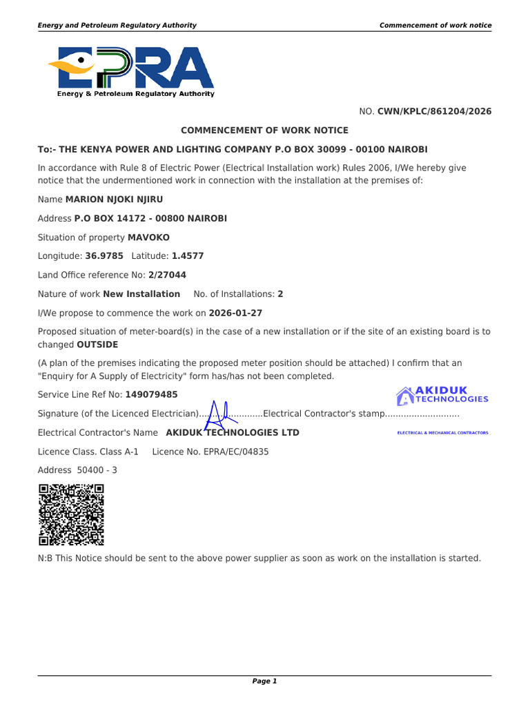 Commencement of Work Notice-861204 | PDF