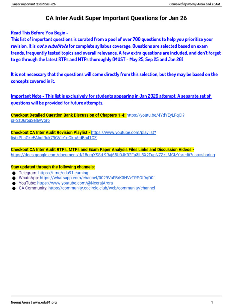 Super Important Questions For Jan 2026 | PDF | Audit | Internal Control