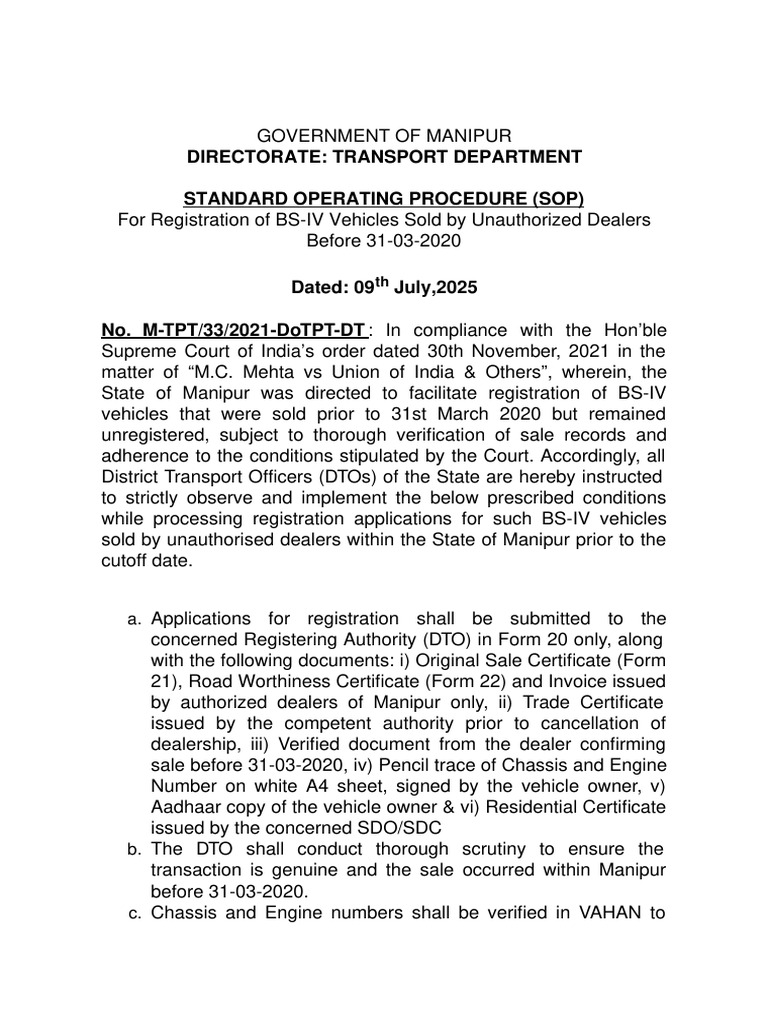 SOP For Registration of BSIV Vehicles | PDF | Justice | Crime & Violence
