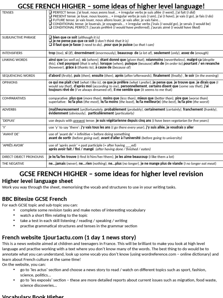 Gcse French Higher Language Ideas | PDF | Vocabulary | Grammatical Tense