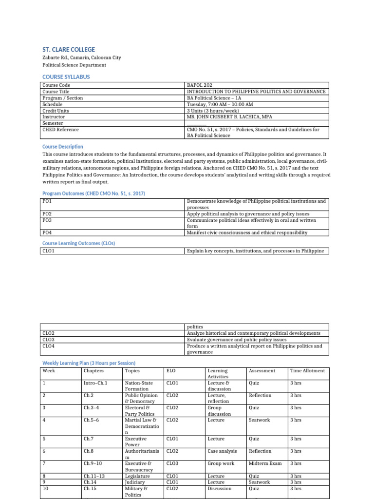 BAPOL 202 Fully Completed CHED Syllabus | PDF | Governance | Liberal ...