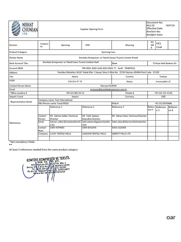 Supplier Opening Form Kaşe İmza - PDF FILLED FORM - Docx WITH REF | PDF