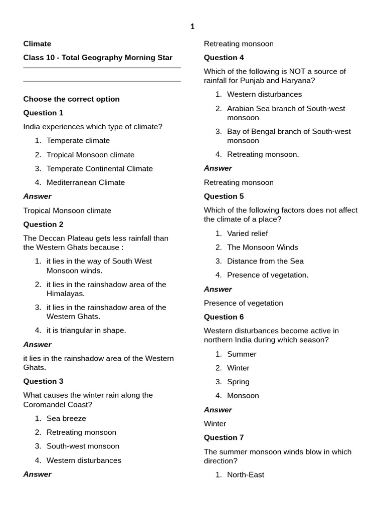 Geography Solutuins | PDF | Monsoon | Rain