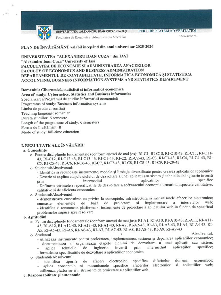 2025 2026 PI FEAA Licenta Cibernetica Statistica Si Informatica ...