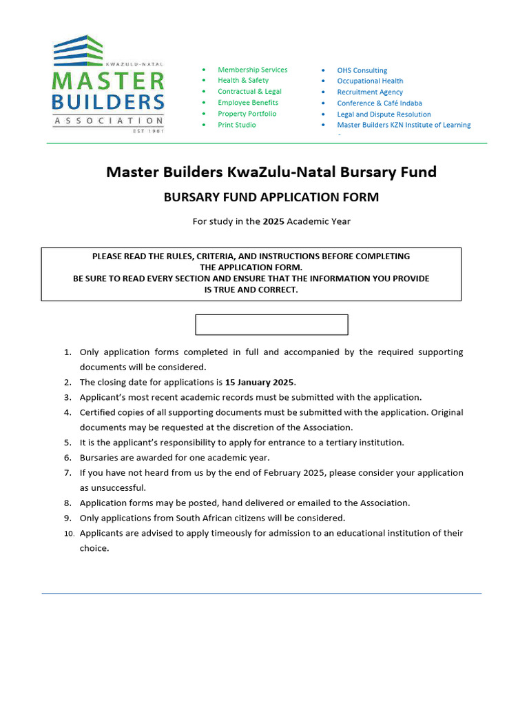 Master Builders KwaZulu Natal Bursary Fund Application Form 2025 (1) | PDF