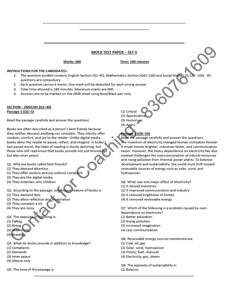 Mock Test Paper English Set 5 AFPI | PDF