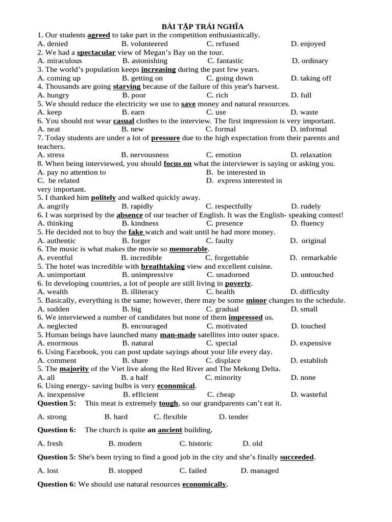 Bài Tập Trái Nghĩa | PDF | Literacy