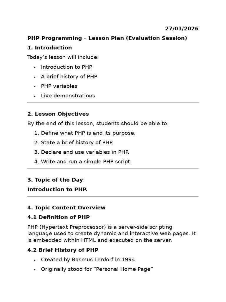 Day 1 Introduction To PHP Lesson Plan | PDF | Php | Computer Engineering