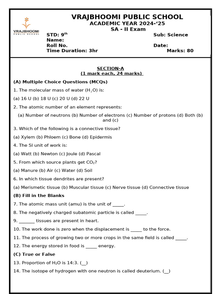 9th Science SA2 Paper 2025 | PDF | Tissue (Biology) | Chemistry