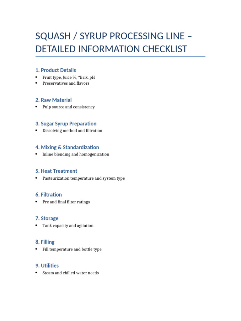 Squash Syrup Processing Line Checklist | PDF