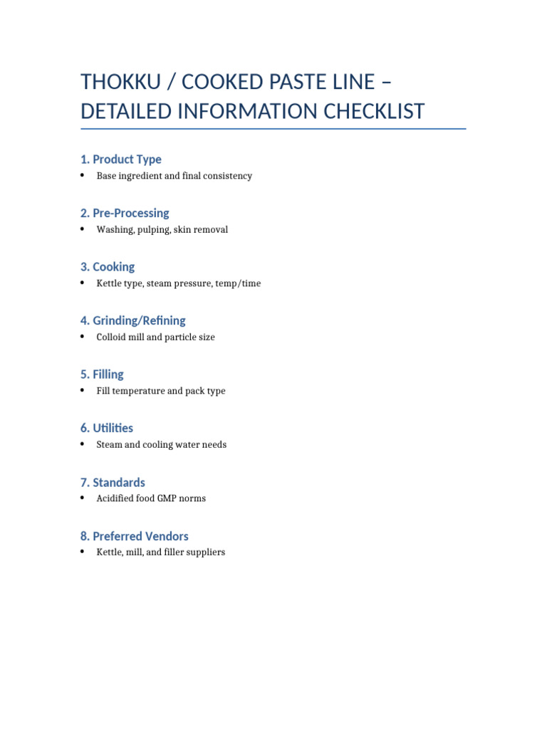 Thokku Cooked Paste Line Checklist | PDF