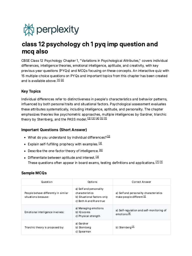Class 12 Psychology CH 1 Pyq Imp Question and MCQ | PDF | Intelligence ...
