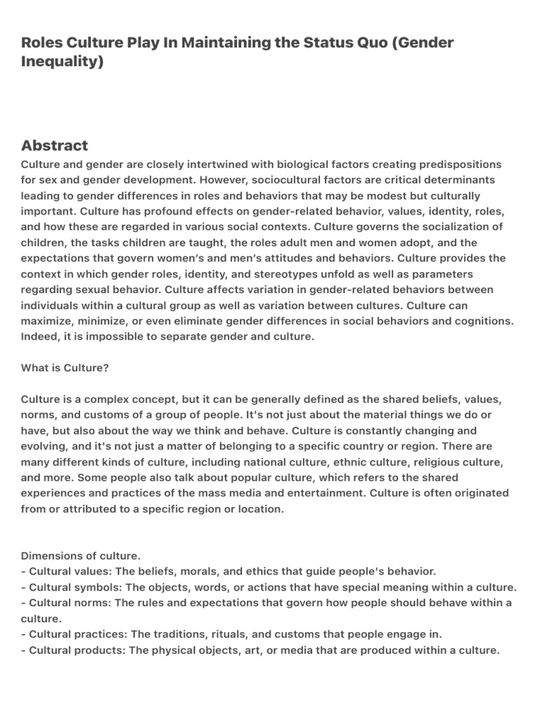Roles Culture Play in Maintaining The Status Quo (Gender Inequality ...