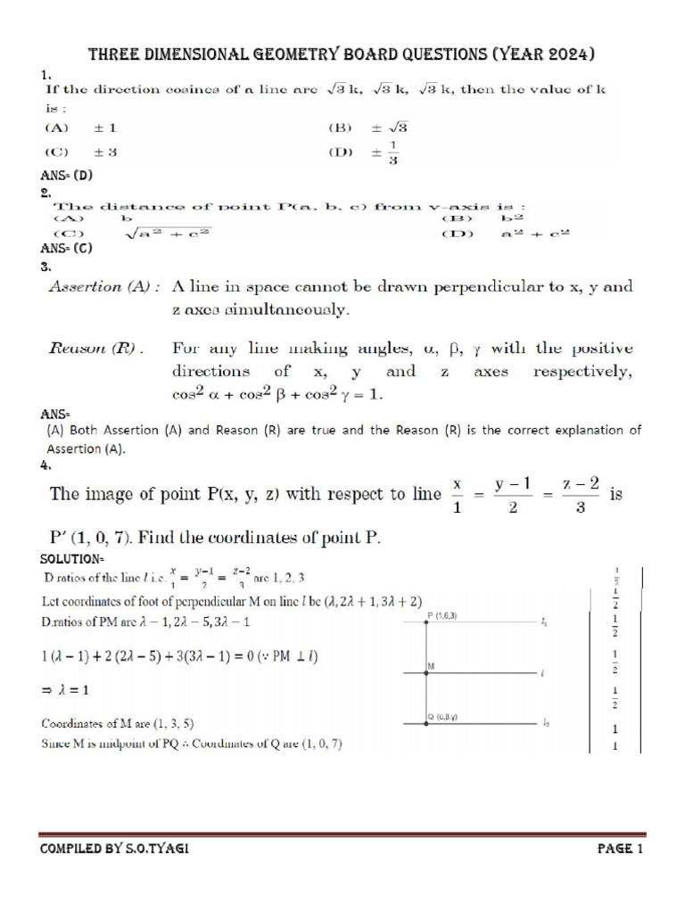 3 D Geometry CBSE 2024 Questions With Marking Scheme-1 | PDF