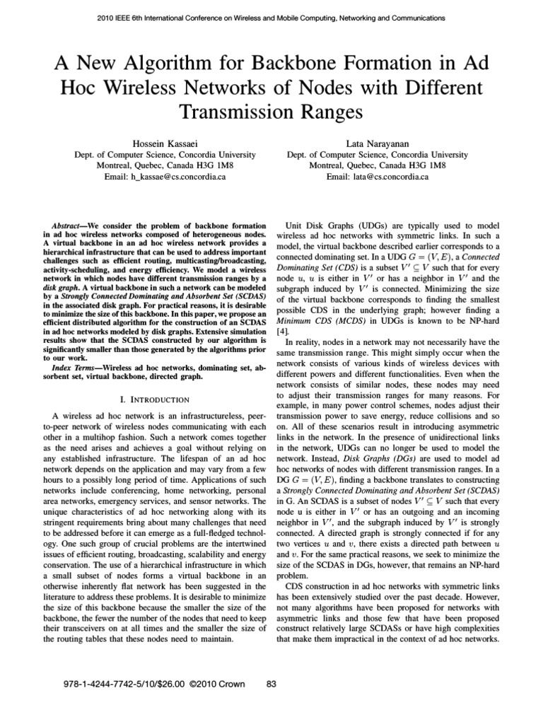 A New Algorithm For Backbone Formation in Ad | PDF | Wireless Ad Hoc ...