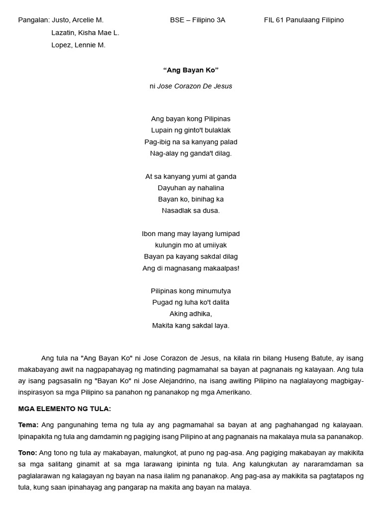 Pagsusuri Sa Tulang Ang Bayan Ko | PDF