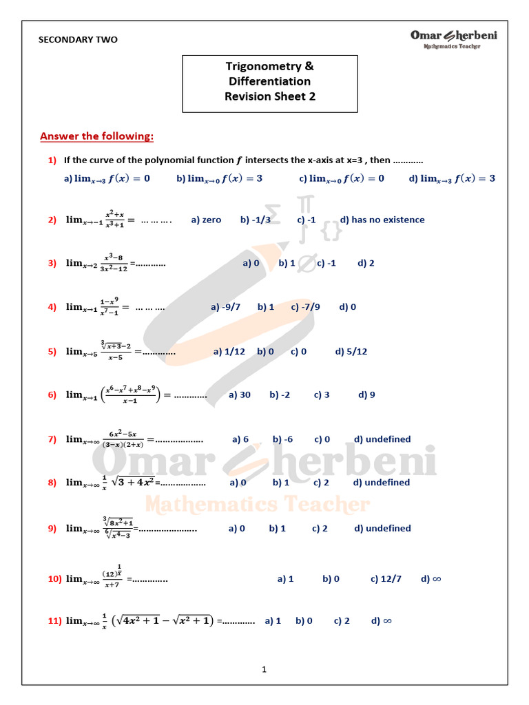 Math - Diff&Trig - Sheet 2 | PDF | Area | Circle