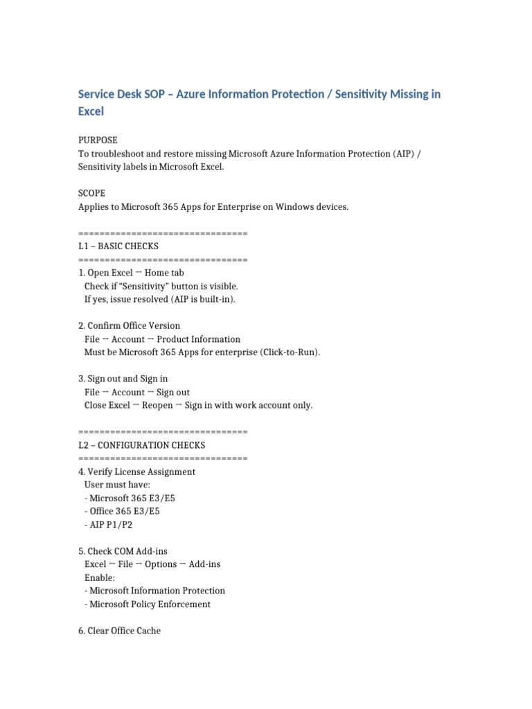 AIP Sensitivity Missing Excel ServiceDesk SOP | PDF