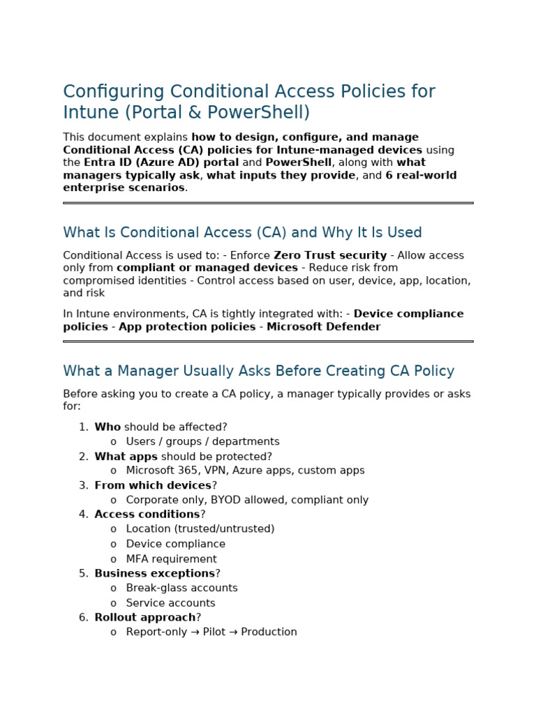 Conditional Access Policy For Intune - Portal & Power Shell | PDF ...