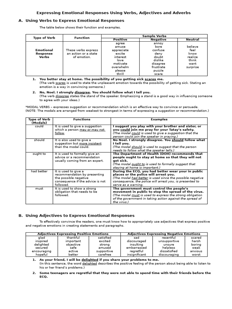 Eng8-M5-Expressing Emotional Responses Using Verbs | PDF | Adverb | Verb