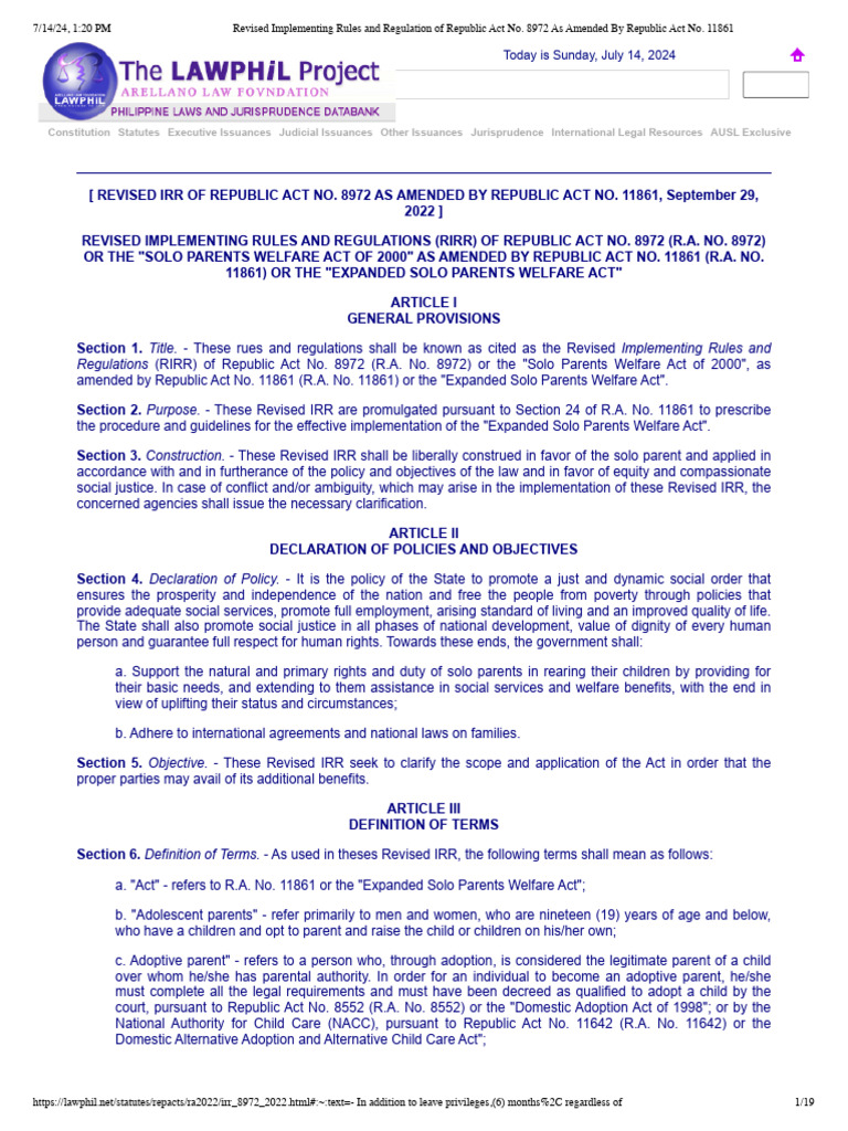 (Solo Parents) Revised Implementing Rules and Regulation of Republic ...