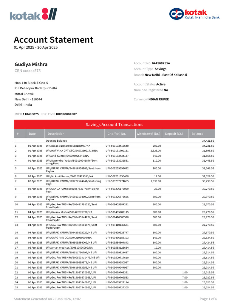 KotakBankStatement - 22 01 2026 - 17 32 43 | PDF | Banks | Transaction ...