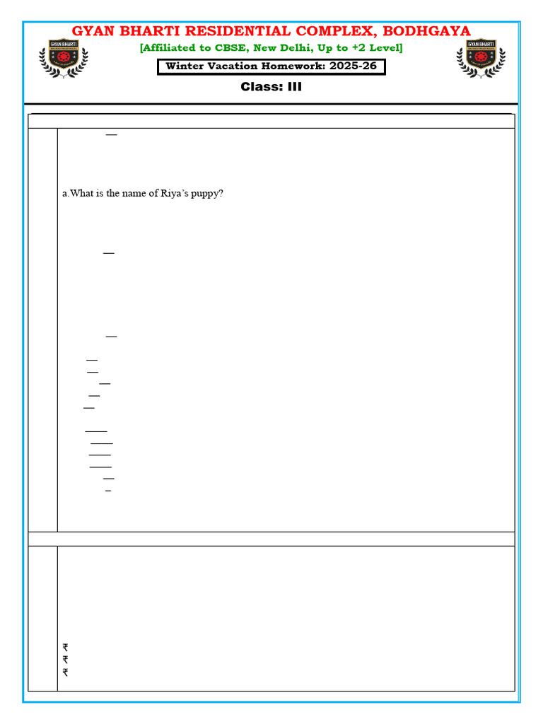 Class III Winter Vacation Home Work Assignment 2025-26 | PDF