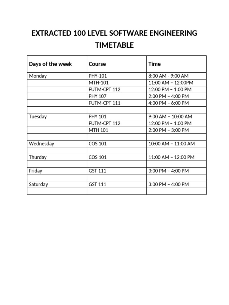 Extracted 100 Level Software Engineering Timetable | PDF