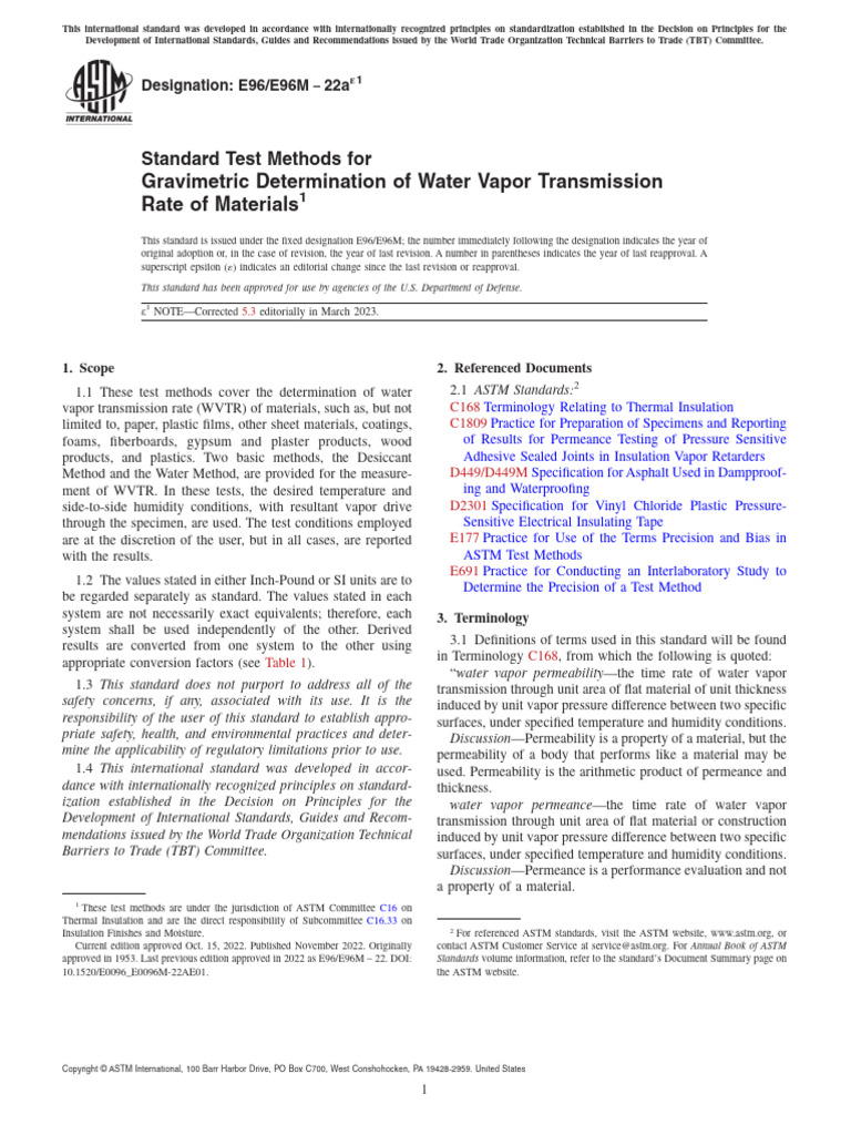 Astm E96-E96m - 22 | PDF | Humidity | Water