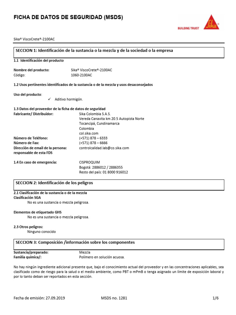 hoja de seguridad Sika® ViscoCrete®-2100AC | PDF | Residuos | Agua