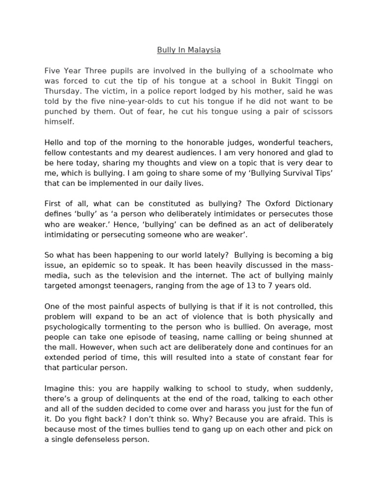 Public Speaking Text About Bully | PDF | Bullying | Violence