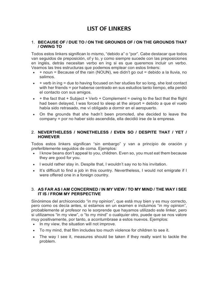 List of Linkers | PDF | Lingüística