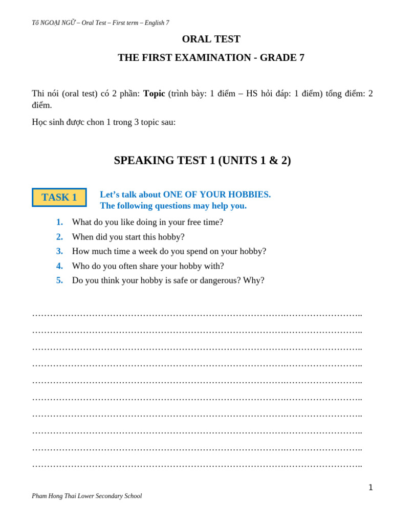 ORAL TEST ENGLISH 7 HK1 | PDF