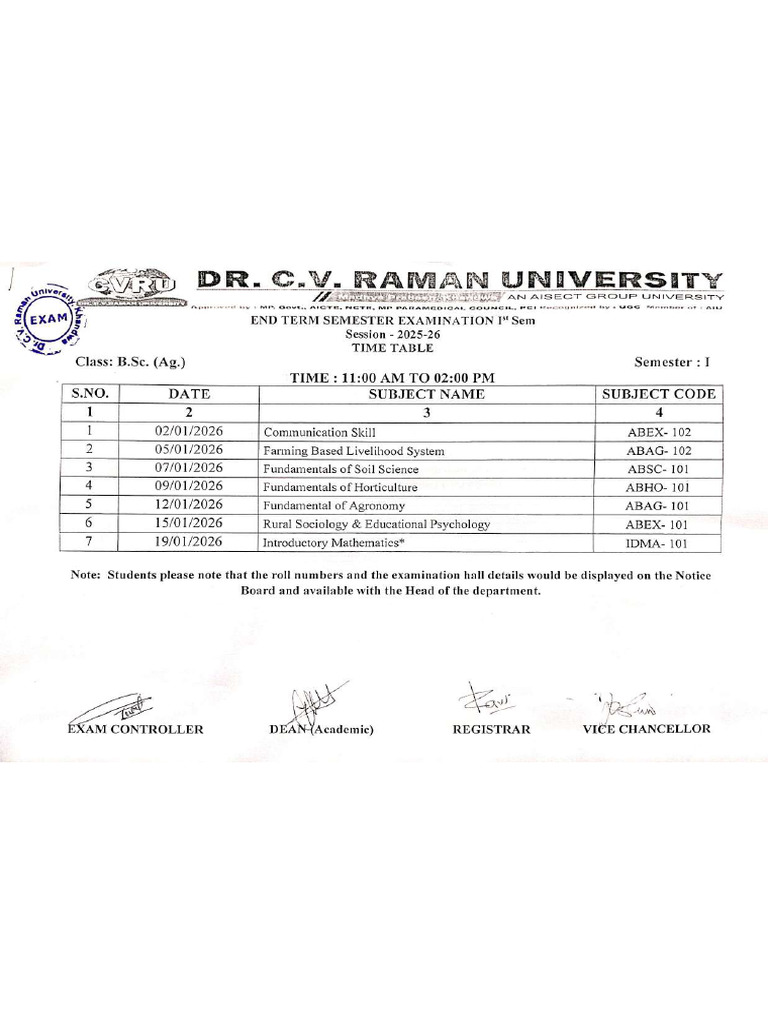 End Term Semester Examination Timetable For The Academic Session ...