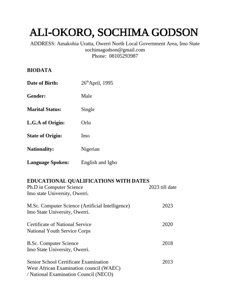 ALI-OKORO SOCHIMA GODSON C.V | PDF