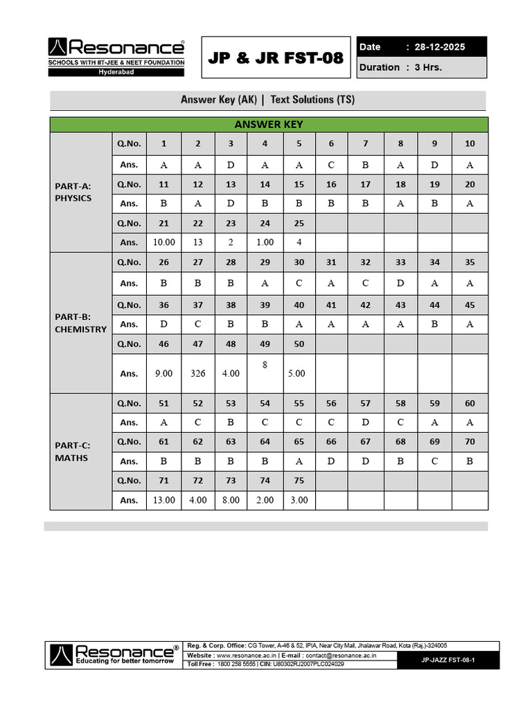JP & JR_ MAIN FST-08_28.12.25_KEY | PDF