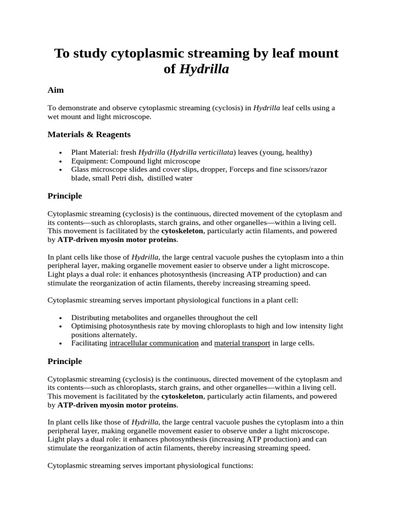 Demonstration of Cytoplasmic Streaming by Leaf Mount of Hydrilla Under ...