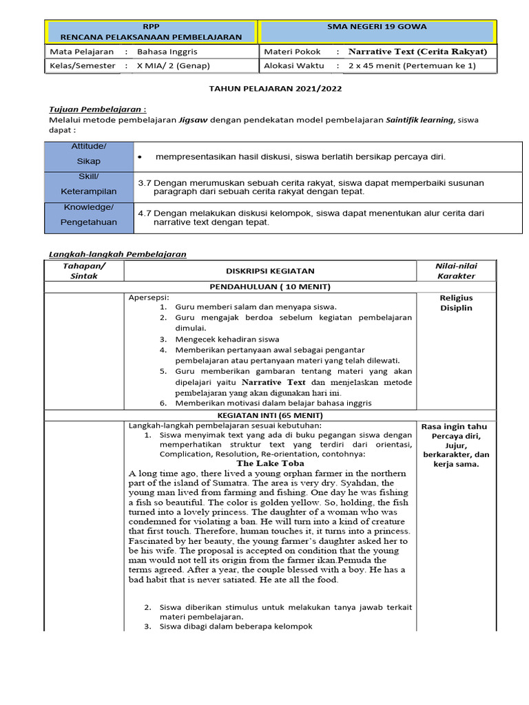 Rpp Bahasa Inggris Kelas Xi Narrative Text | PDF | Mythological ...