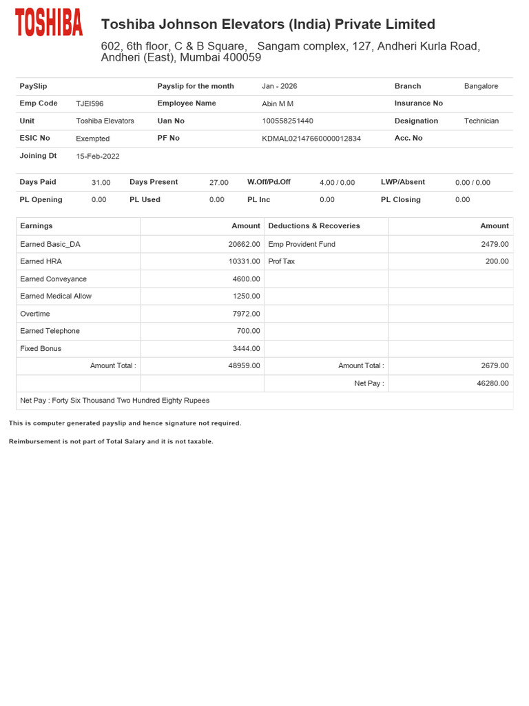 Payslip TJEI596 January - 2026 | PDF