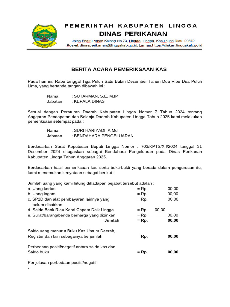 Berita Acara Pemeriksaan Kas (Cash Opname) Bulan Desember Ta. 2025 | PDF