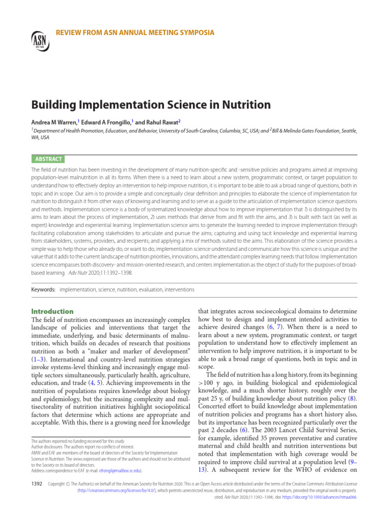Building Implementation Science in Nutrition 2020 Advances in Nutrition ...