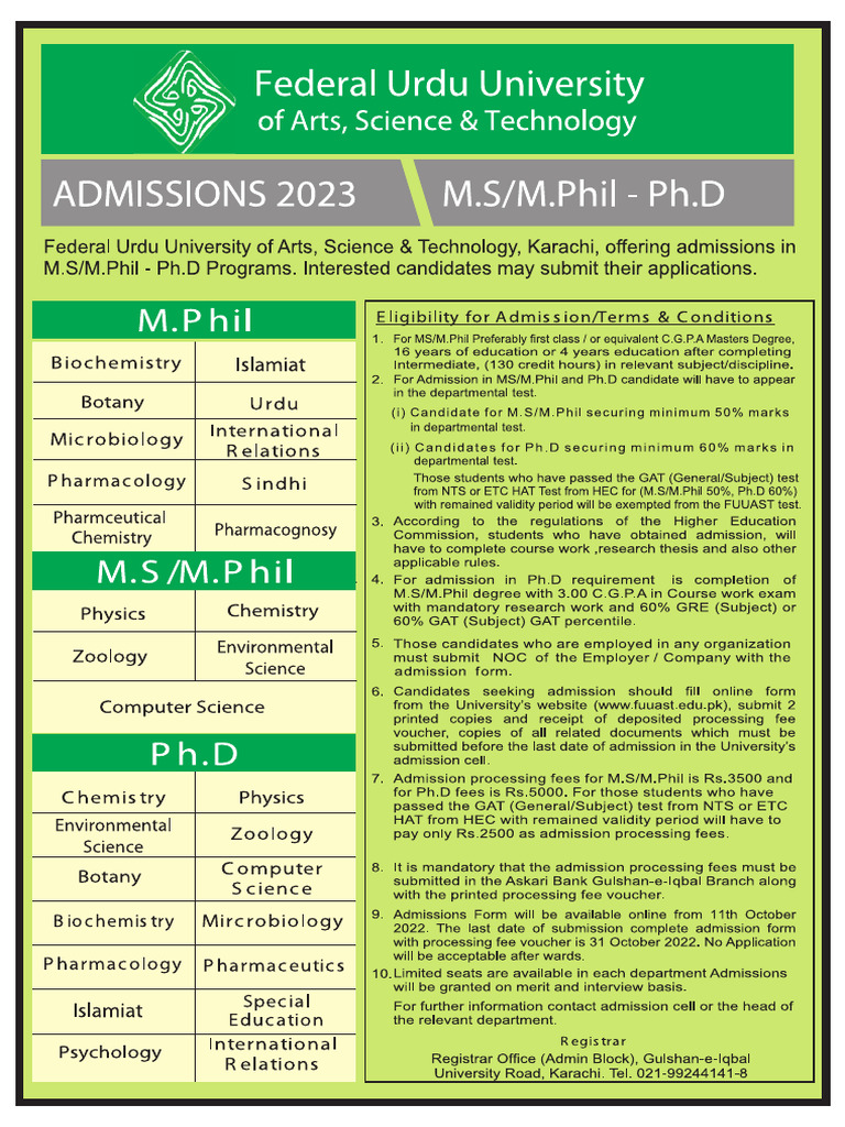 MS Mphil PHD Admission 2023 Advertisement English | PDF