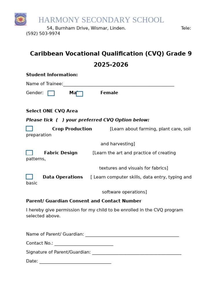 CVQ Forms Grade 9 2025-2026 | PDF