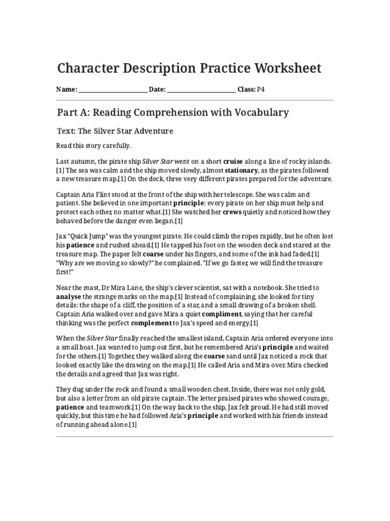 Character Description Practice Worksheet | PDF