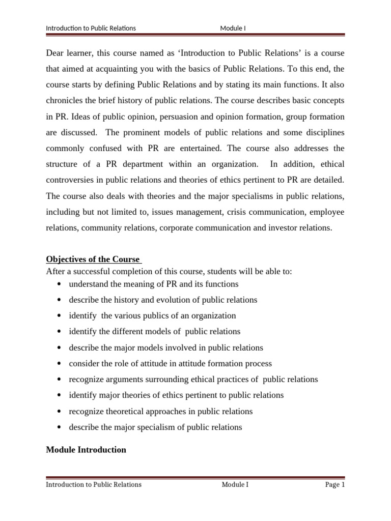 Introduction to Public Relations.docx Module I final (1) | PDF | Public Relations | Theory