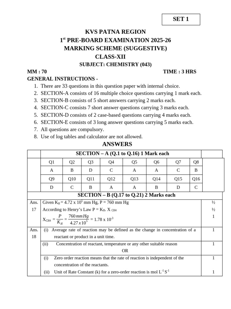 SET - 1 Chem, PB - 1 Mark Scheme 2025-26 | PDF | Change | Process ...