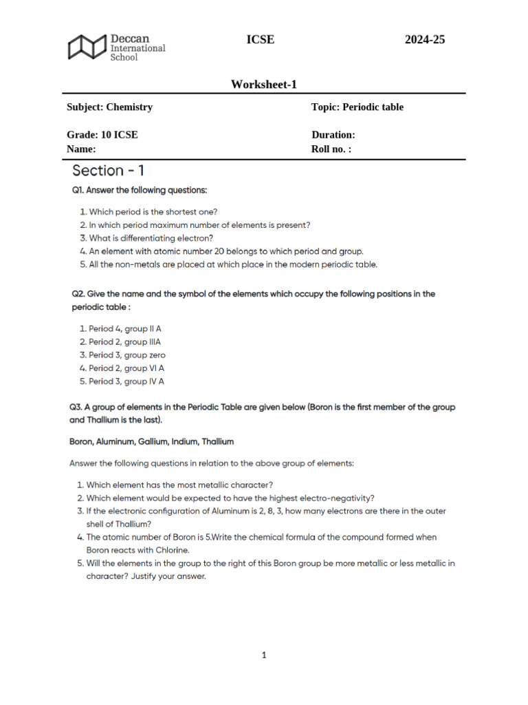 Periodic Table Class 10 Worksheet ICSE | PDF