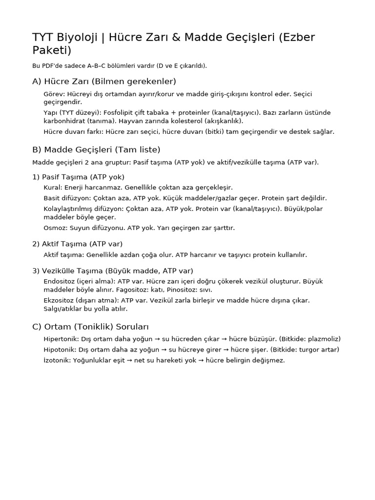 Hucre Zari Ve Madde Gecisleri Ezber Paketi ABC | PDF