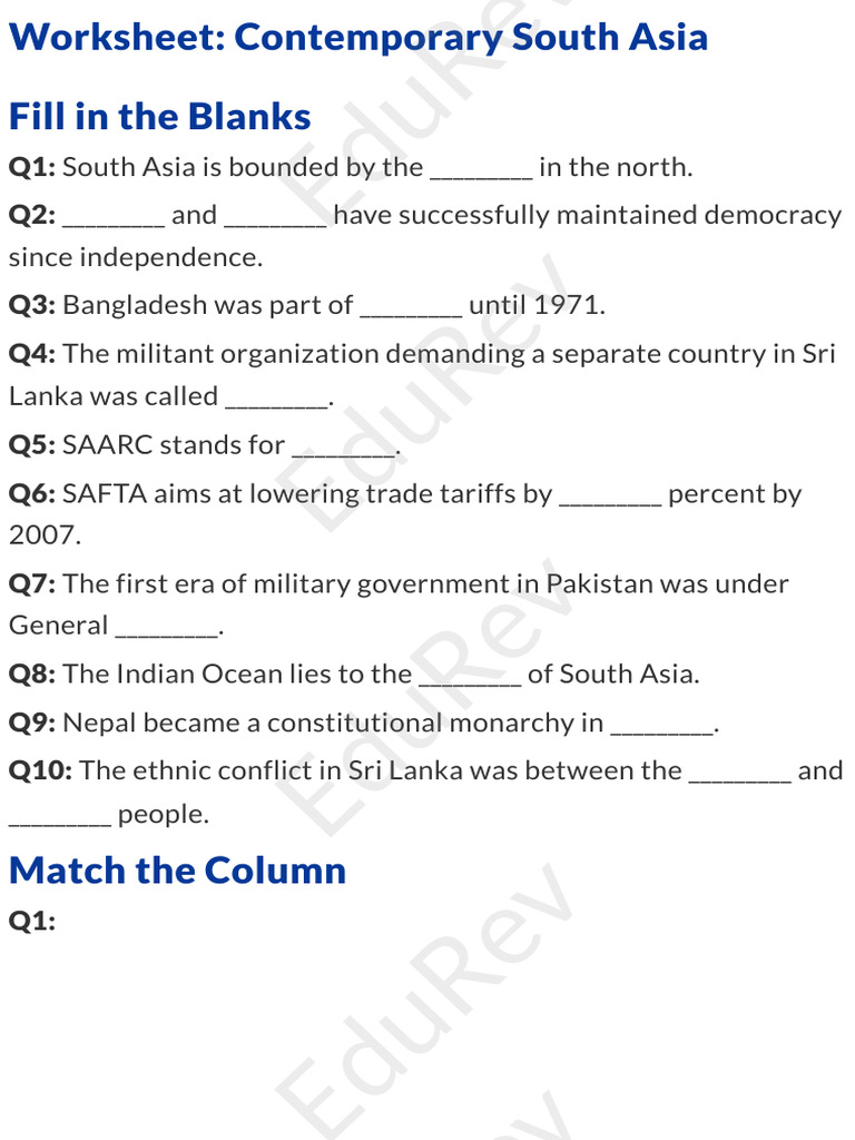 Worksheet - Contemporary South Asia | PDF | South Asia | Government